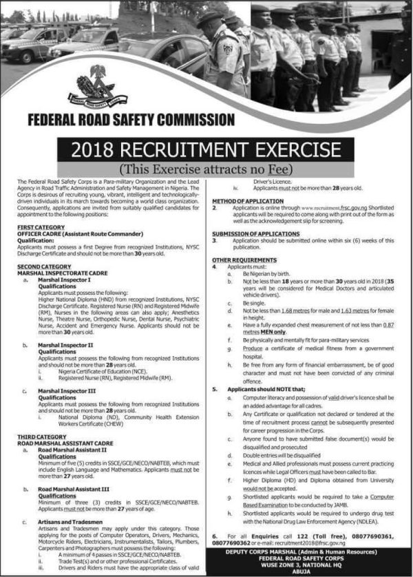 FRSC Recruitment 2018 : Login Portal, Requirements and How To Apply ...